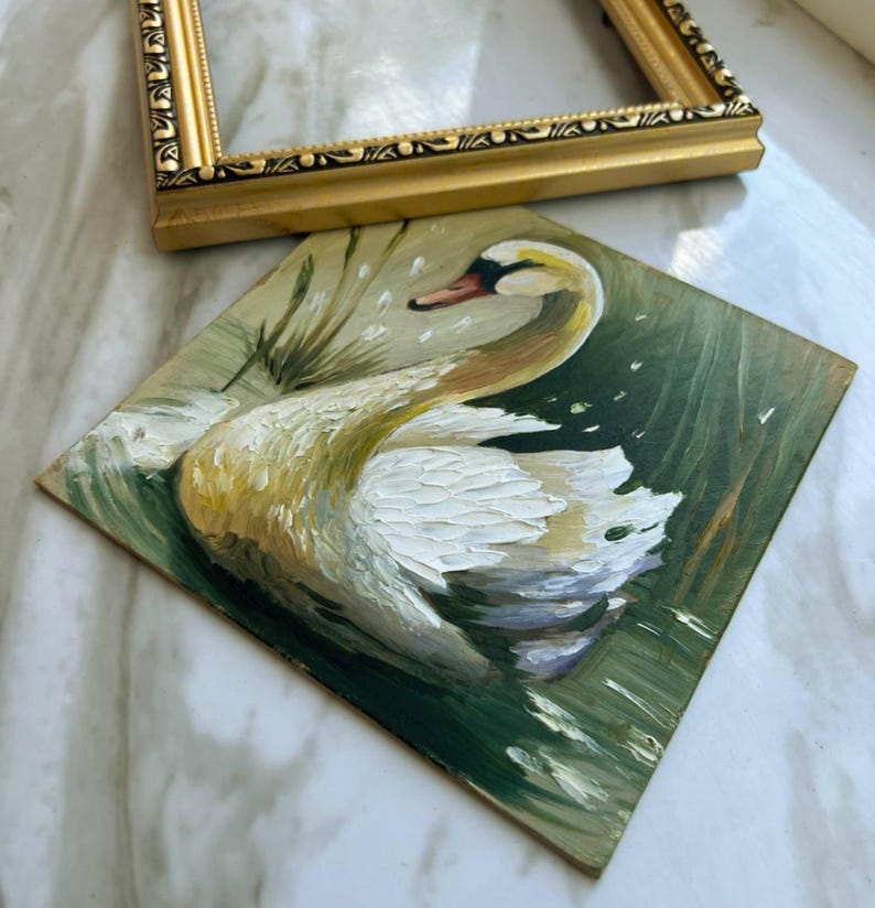 Swan Oil Painting, Gold Frame, Antique Style Wall Art (6x6 Inches) - Etsy