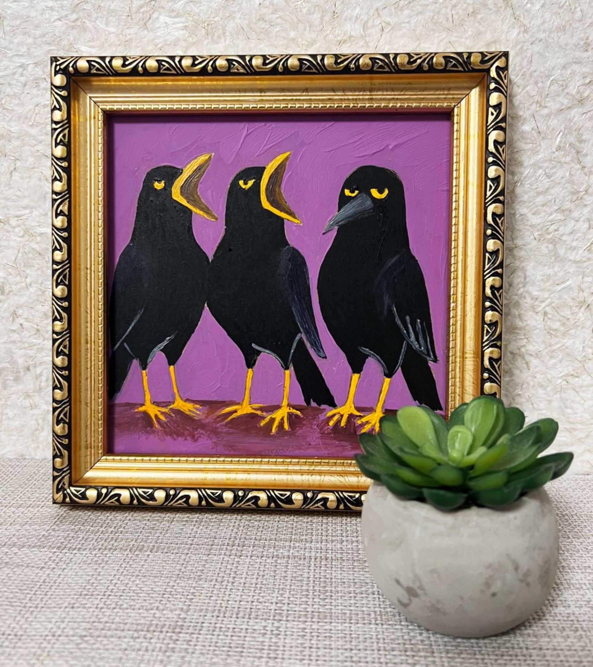 Three Ravens Original Oil Painting: Funny Birds in Gold Framed Art - Etsy