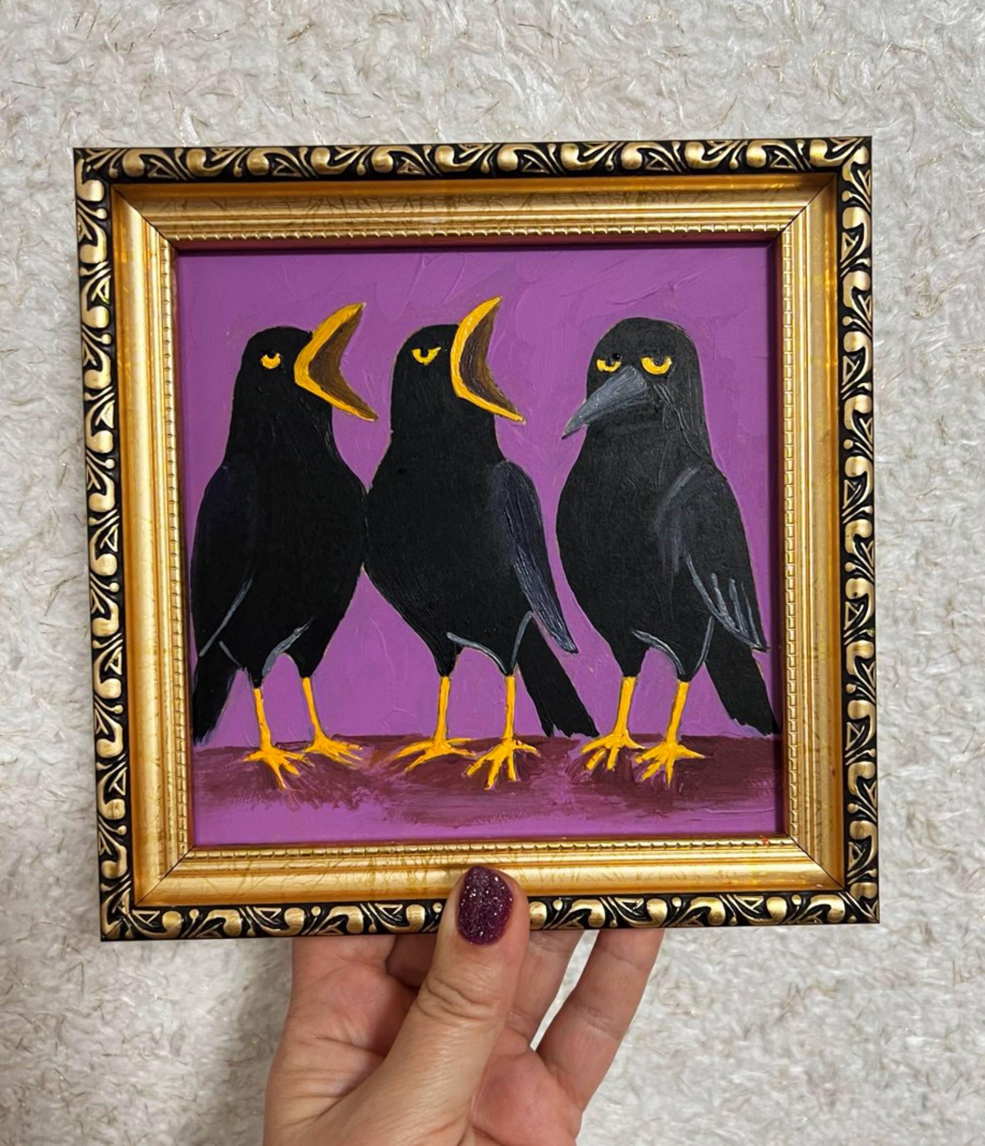 Three Ravens Original Oil Painting: Funny Birds in Gold Framed Art - Etsy