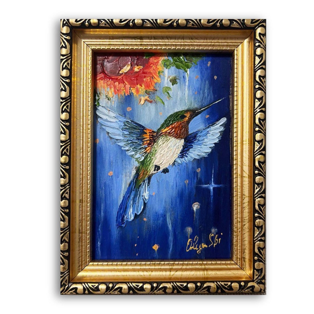 Hummingbird Oil Painting, Original Bird Art in Gold Frame (6x4) - Etsy