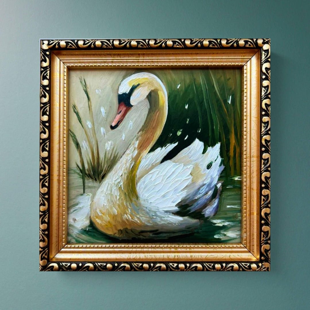 Swan Oil Painting, Gold Frame, Antique Style Wall Art (6x6 Inches) - Etsy