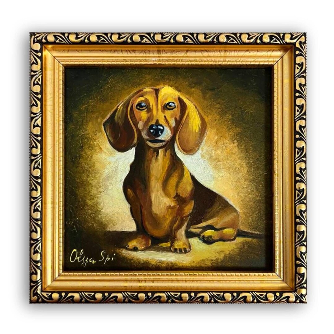 Dachshund Portrait Oil Painting: Miniature Dog Art in Gold Frame - Etsy