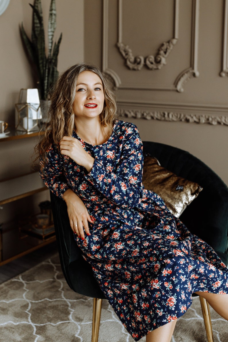 Warm Flowered Blue Dress / Denim Blue Woman Dress / Vintage Inspired ...
