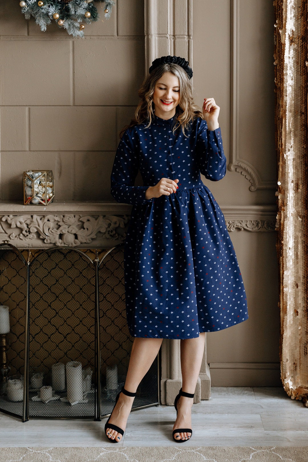 Warm Winter Navy Blue Dress With Long Sleeves and Pockets / Midi Winter ...