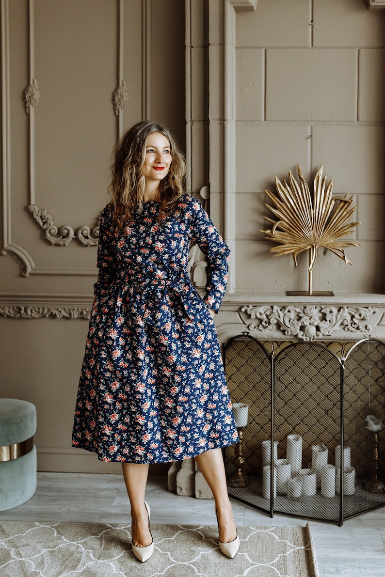 Warm Flowered Blue Dress / Denim Blue Woman Dress / Vintage Inspired ...