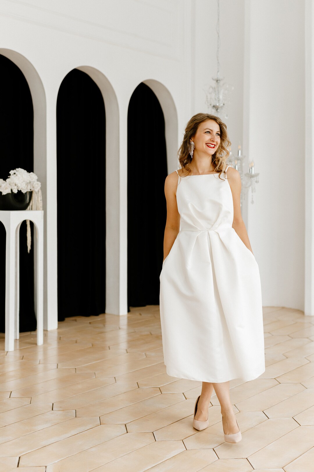 Modest White Wedding Midi Dress Sleeveless/ Tea Length Minimalist ...