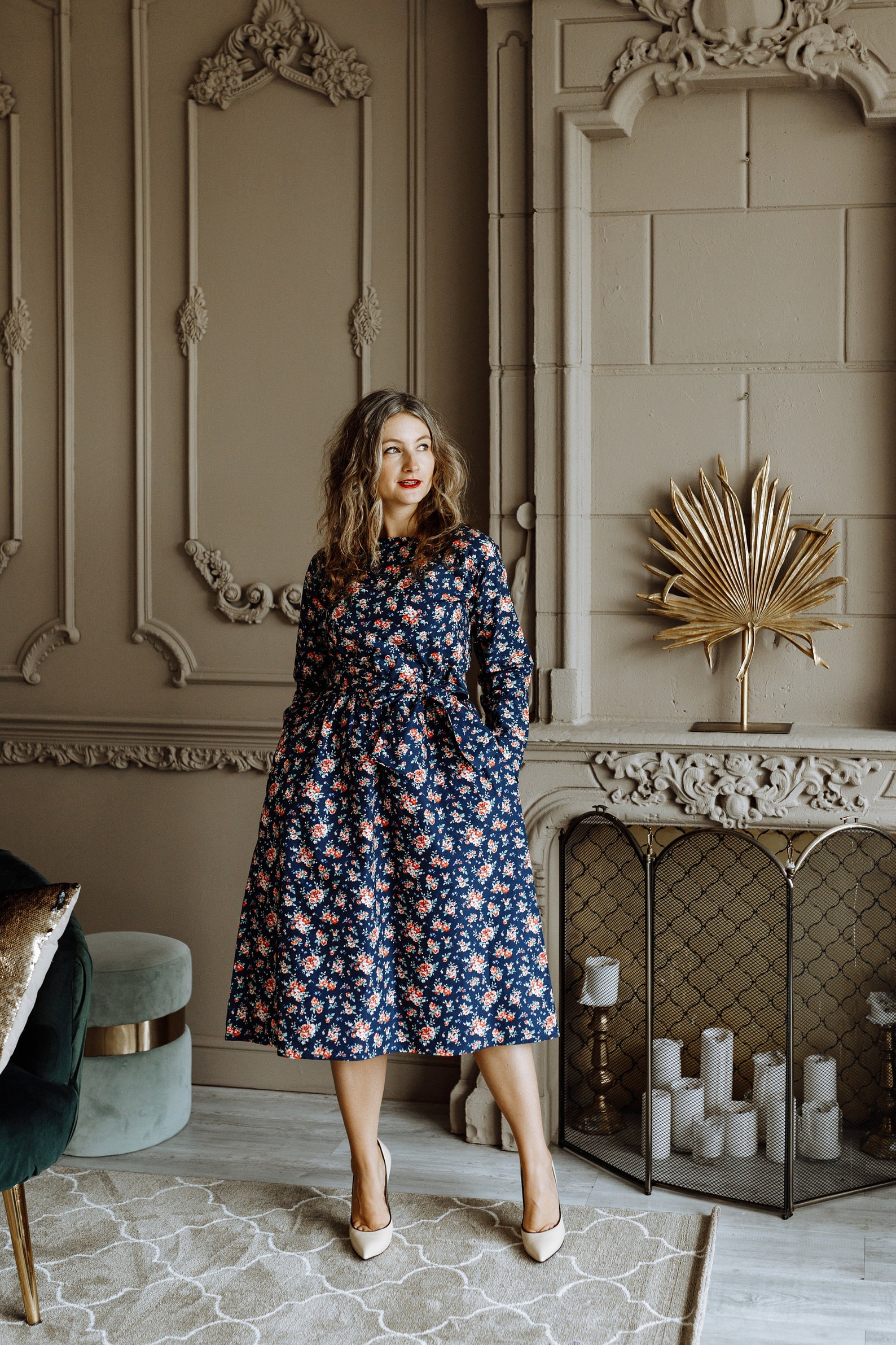 Warm Flowered Blue Dress / Denim Blue Woman Dress / Vintage Inspired ...
