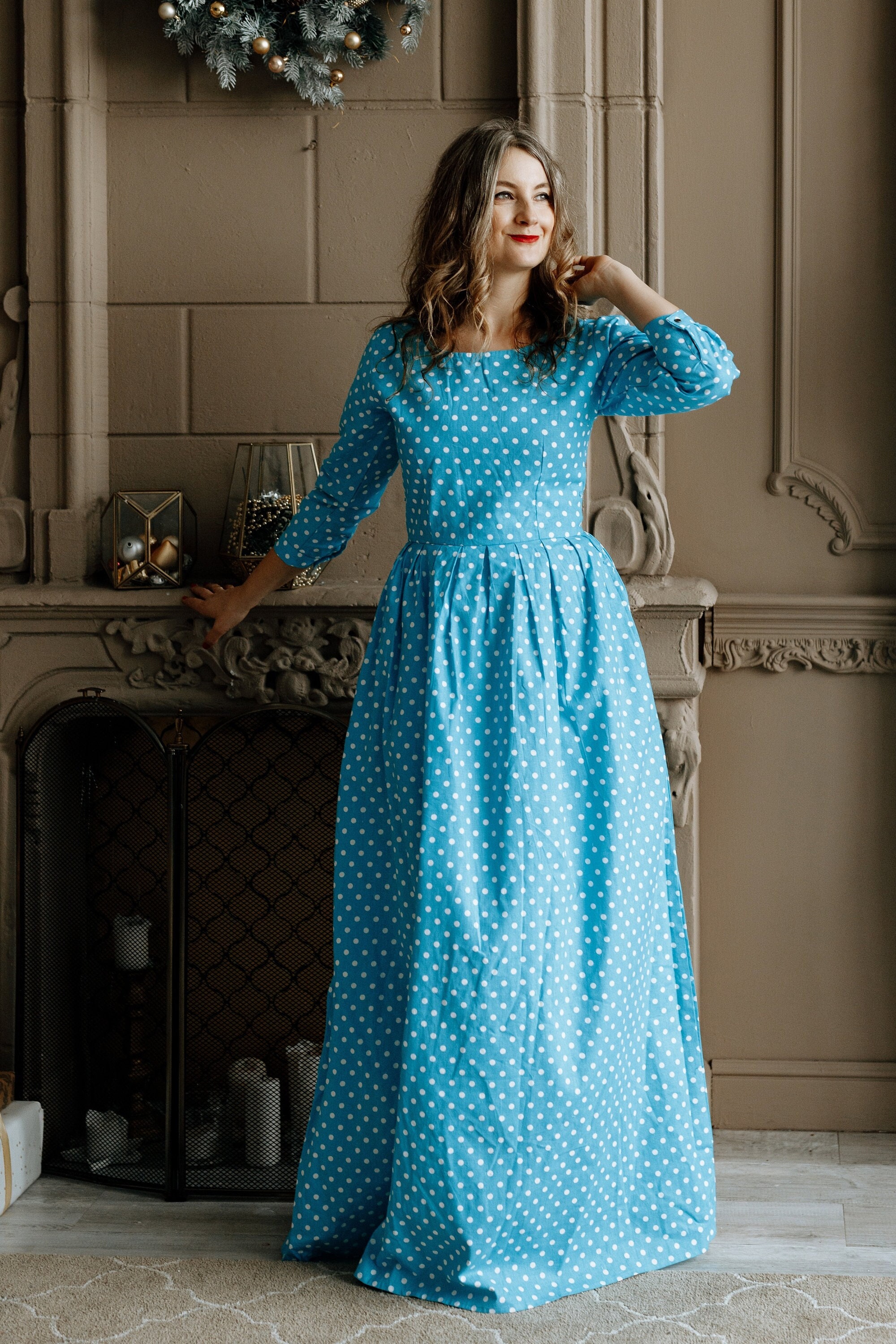Ready to Ship Long Dress/ Light Denim Cotton Long Dress / Polka Dots ...