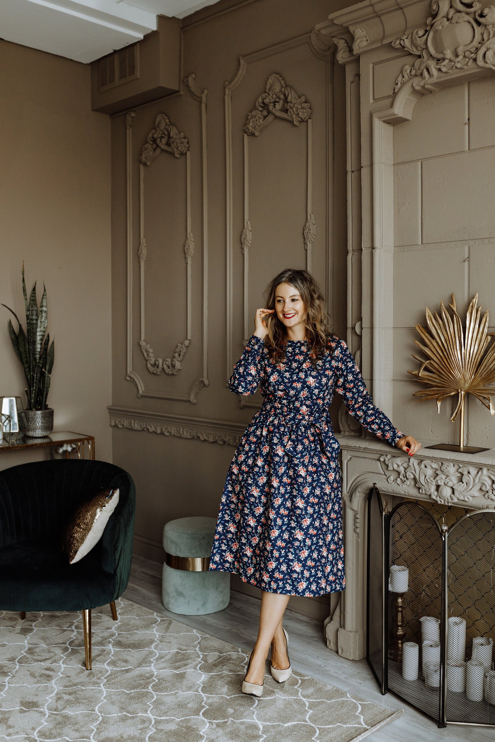 Warm Flowered Blue Dress / Denim Blue Woman Dress / Vintage Inspired ...