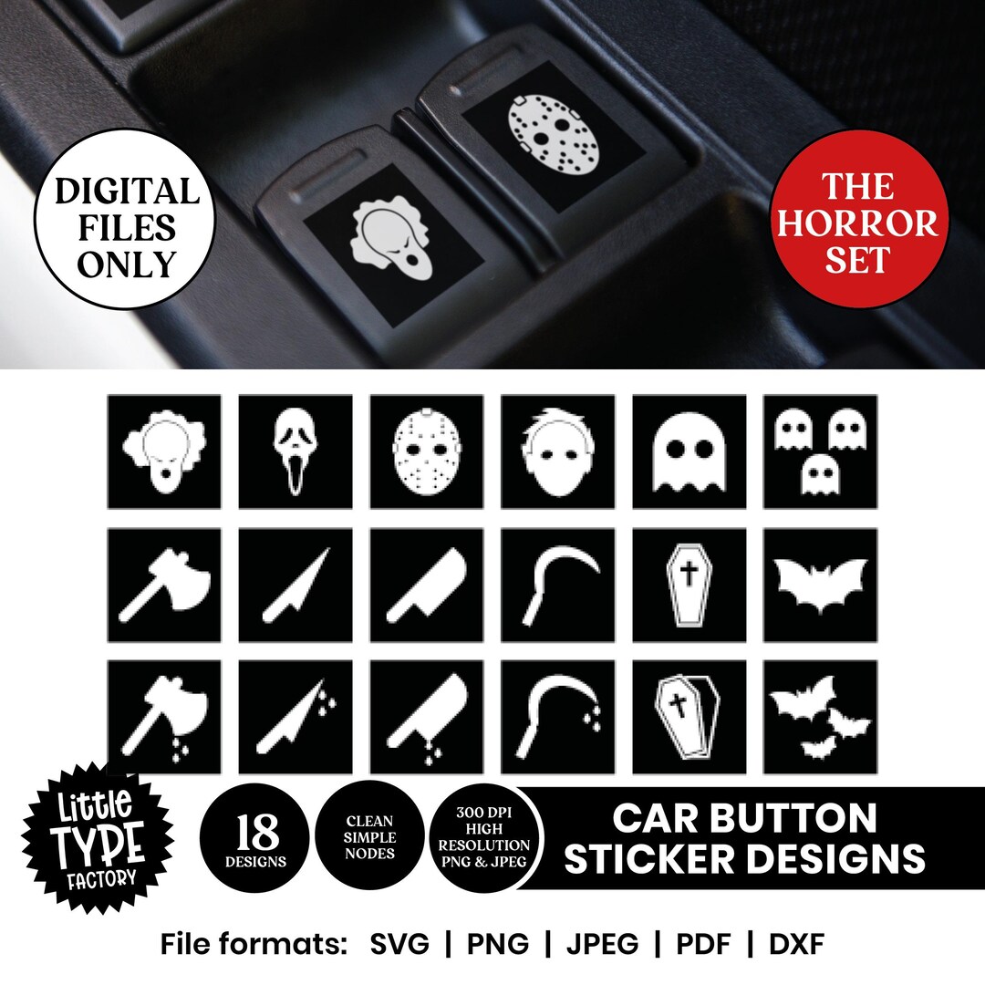 Horror Car Button Stickers – 18 Digital Designs Featuring Horror Icons ...