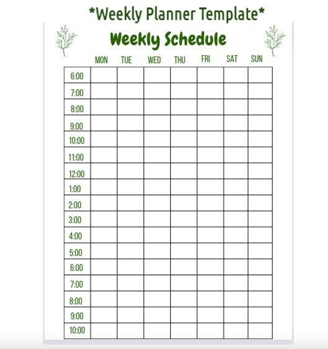 WEEKLY PLANNER TEMPLATE Green Minimalist Weekly Planner - Etsy