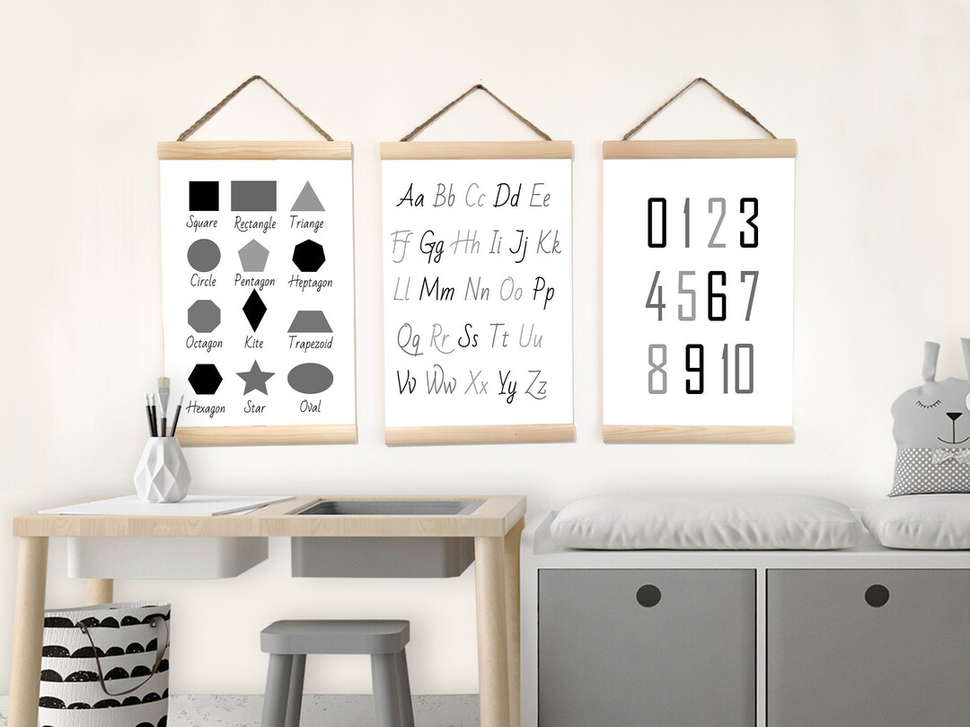 Alphabet Wall Hanging Poster for Kids, Numbers and Shapes Canvas Set ...