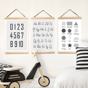 Black and White Canvas Art Decor Kids Room, Alphabet Numbers and Shapes ...