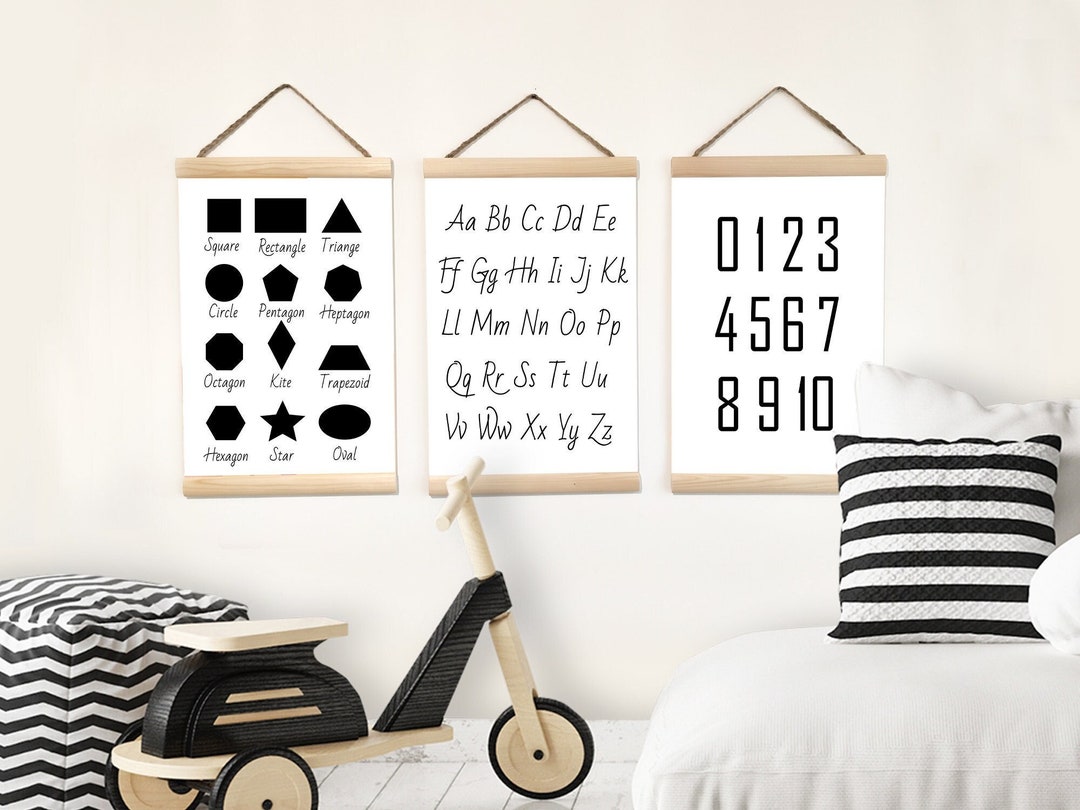 Black and White Alphabet Poster Numbers and Shapes, Canvas Wall Hanging ...