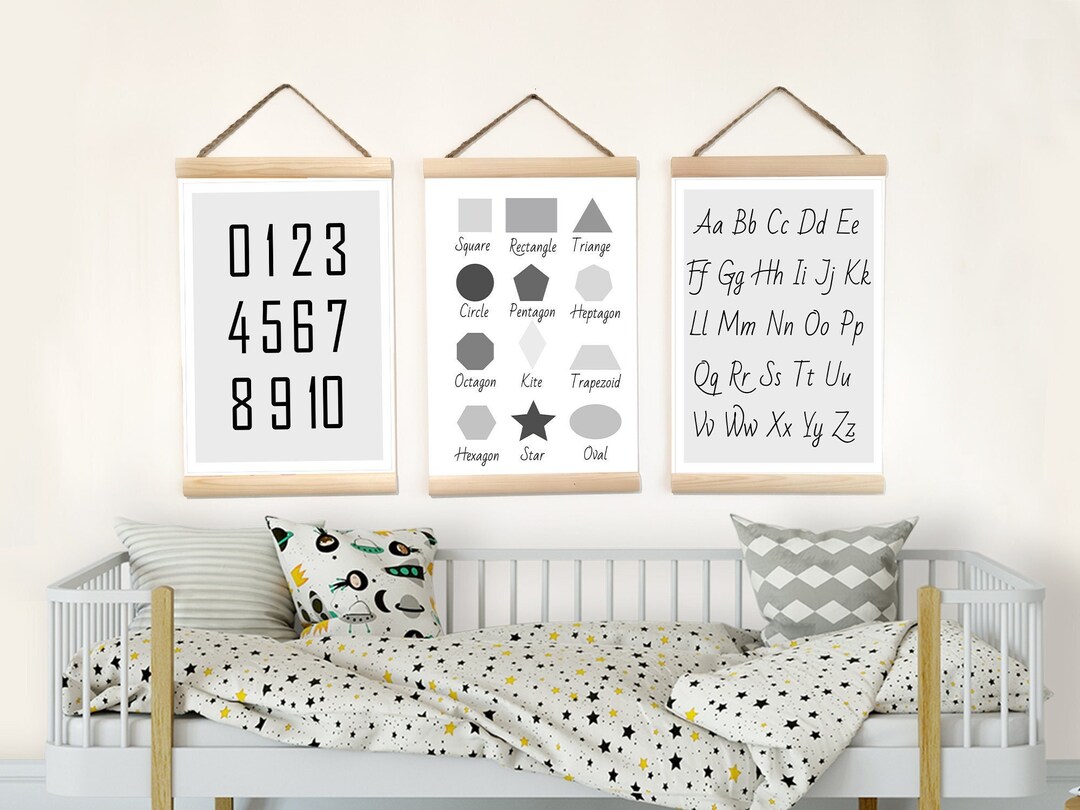 Black and White Canvas Art Decor Kids Room, Alphabet Numbers and Shapes ...