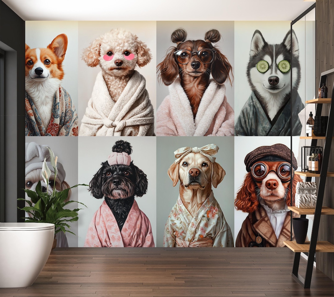 Removable Colorful Dog Bathroom Decor Mural, Non Woven Pet Portait ...