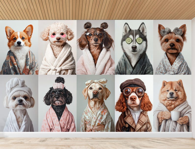 Removable Colorful Dog Bathroom Decor Mural, Non Woven Pet Portait ...
