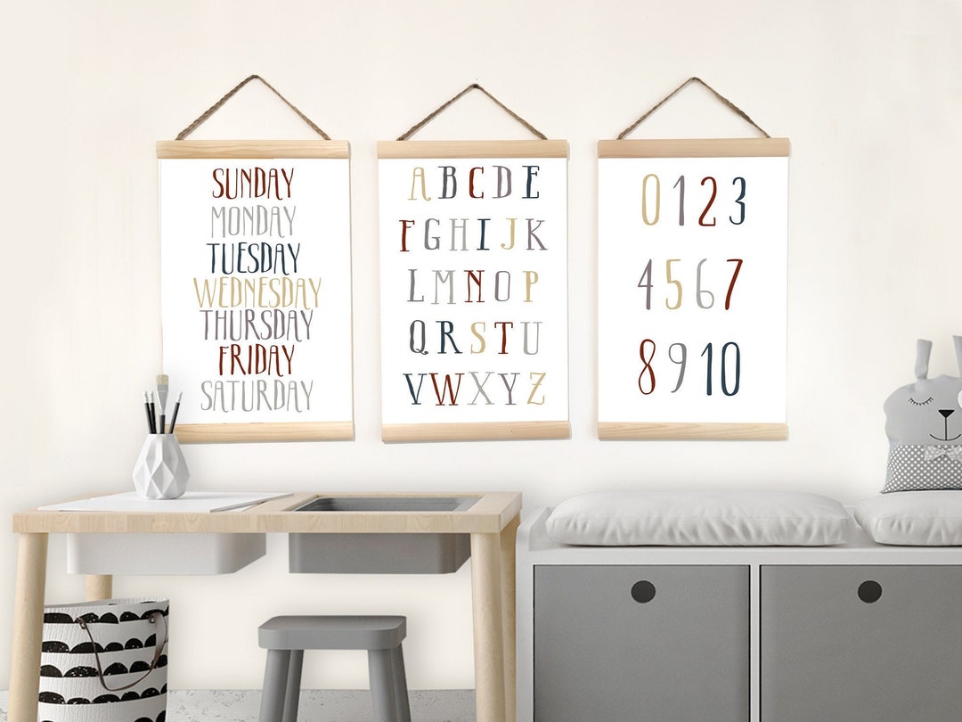 Alphabet Wall Decor for Kids Playroom, Days of Week Poster Nursery, Set ...