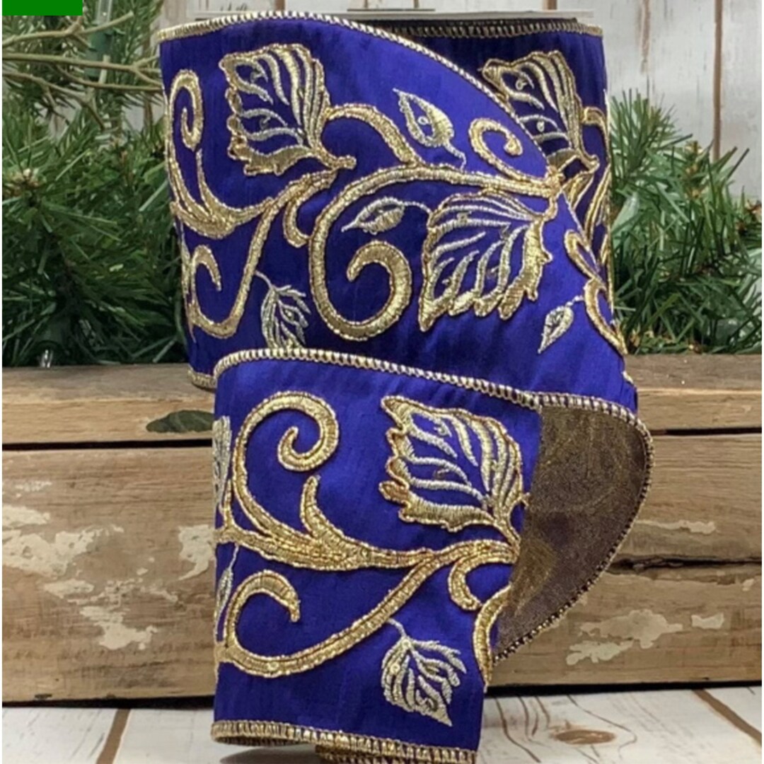 Regal Royal Blue and Gold Scroll Ribbon D.steven's® Dupion Wired Ribbon ...