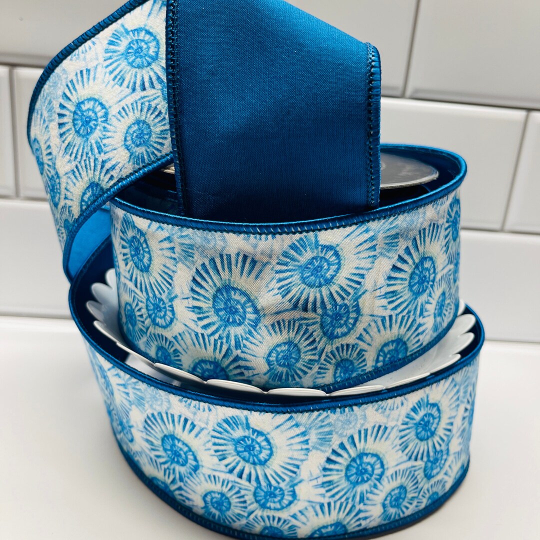 Blue Nautilus Shell Wired Ribbon: Royal Blue Stitching (2.5" X 10 Yds ...