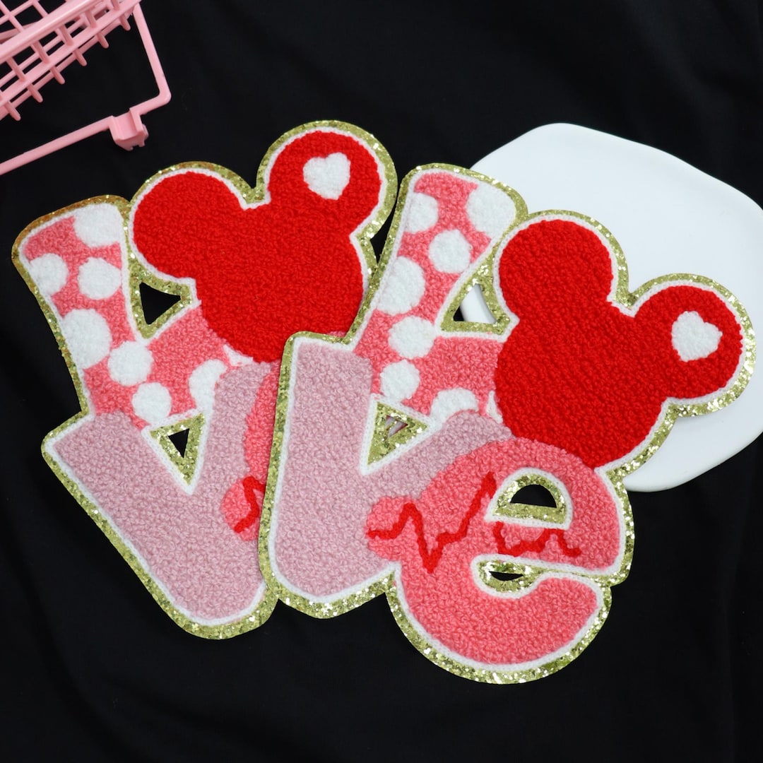 Valentine Patch "love Chenille Patch With Gold Glitter Trim, Heartbeat ...
