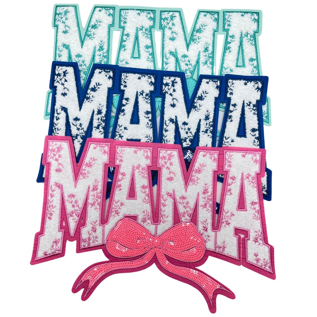 Floral 'MAMA' Embroidered Patch With Sequin Bow - Iron on Appliqué (11 ...