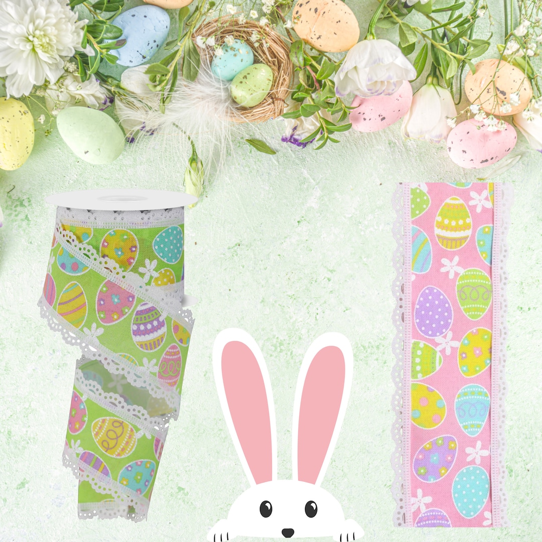 EASTER WIRED RIBBON | Pink or Green With Pastel Eggs | 2.5" X 10 Yds ...