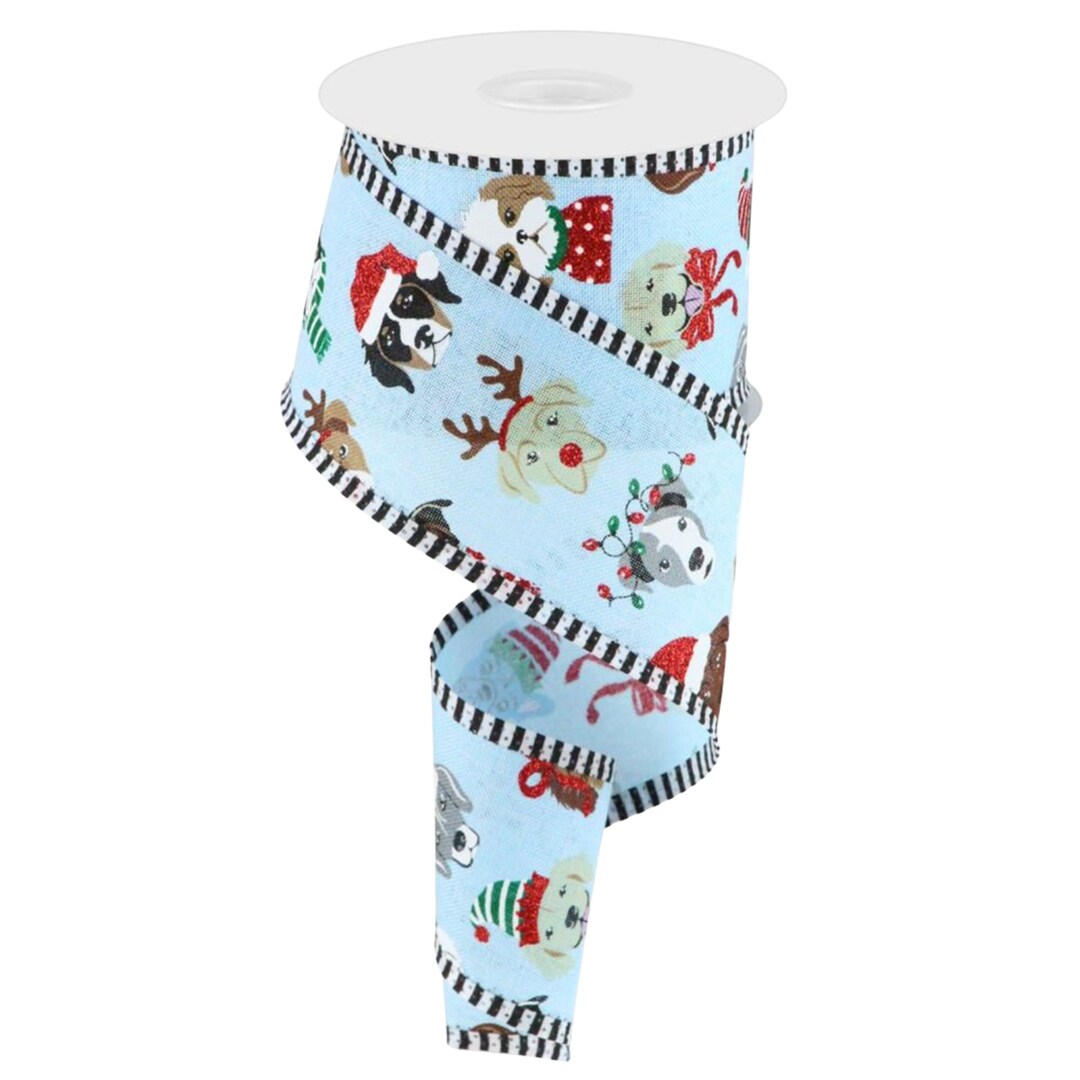 CHRISTMAS WIRED Ribbon | DOGS on Light Blue Canvas | Wired Gingham Edge ...