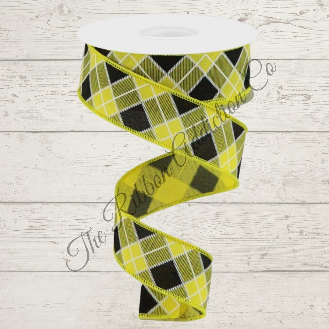 Yellow & BLACK Diagonal Plaid | Wired Ribbon | 1.5" X 10 Yds | Wreath ...