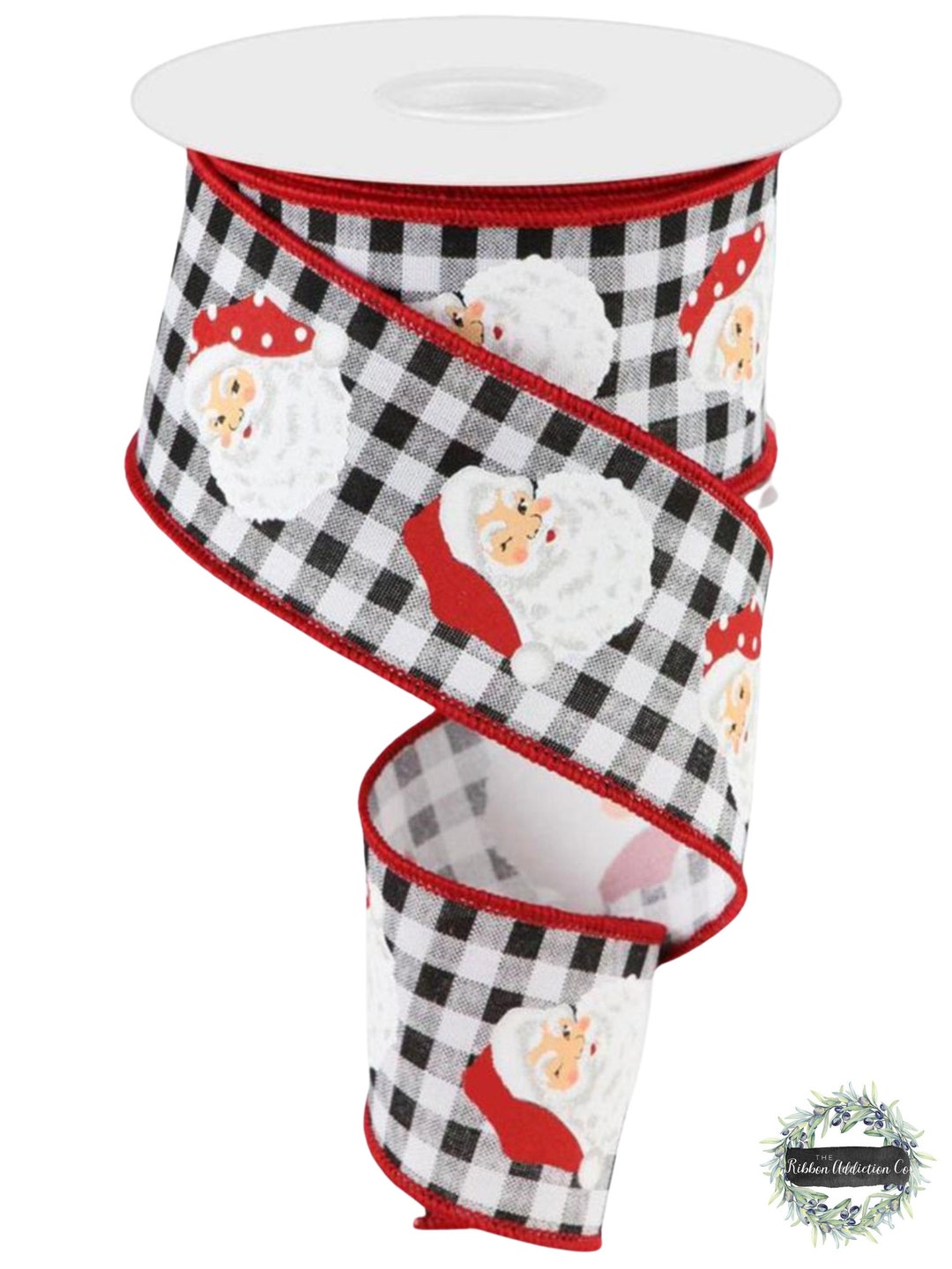 CHRISTMAS WIRED RIBBON | Vertical Santa Heads on Black & White Gingham ...