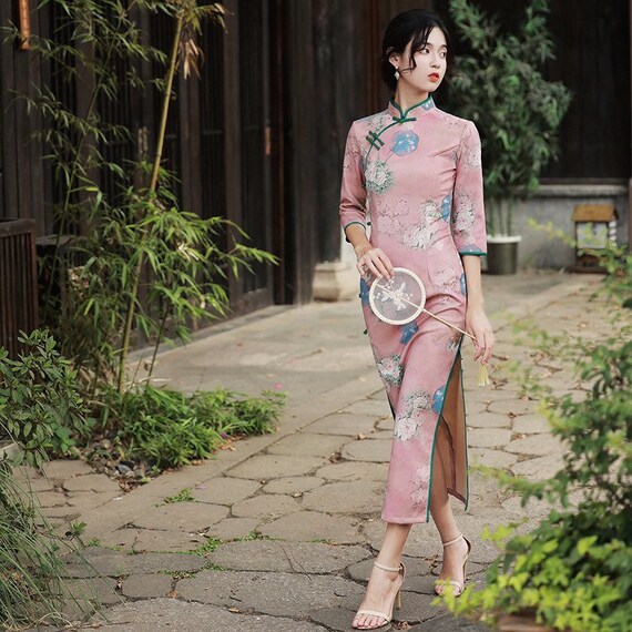 Modern Chinese Qipao Light Pink Qipao Floral Prints 3/4 - Etsy