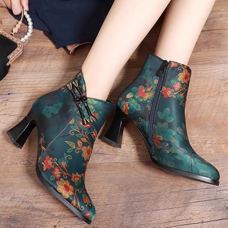 Chinese Embroidered Flower Boots Silk Embroidery Fabric Dark - Etsy