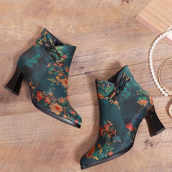 Chinese Embroidered Flower Boots Silk Embroidery Fabric Dark - Etsy