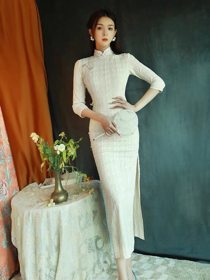 White Lace Long Qipao Cheongsam Dress With Split Women Silk Dress