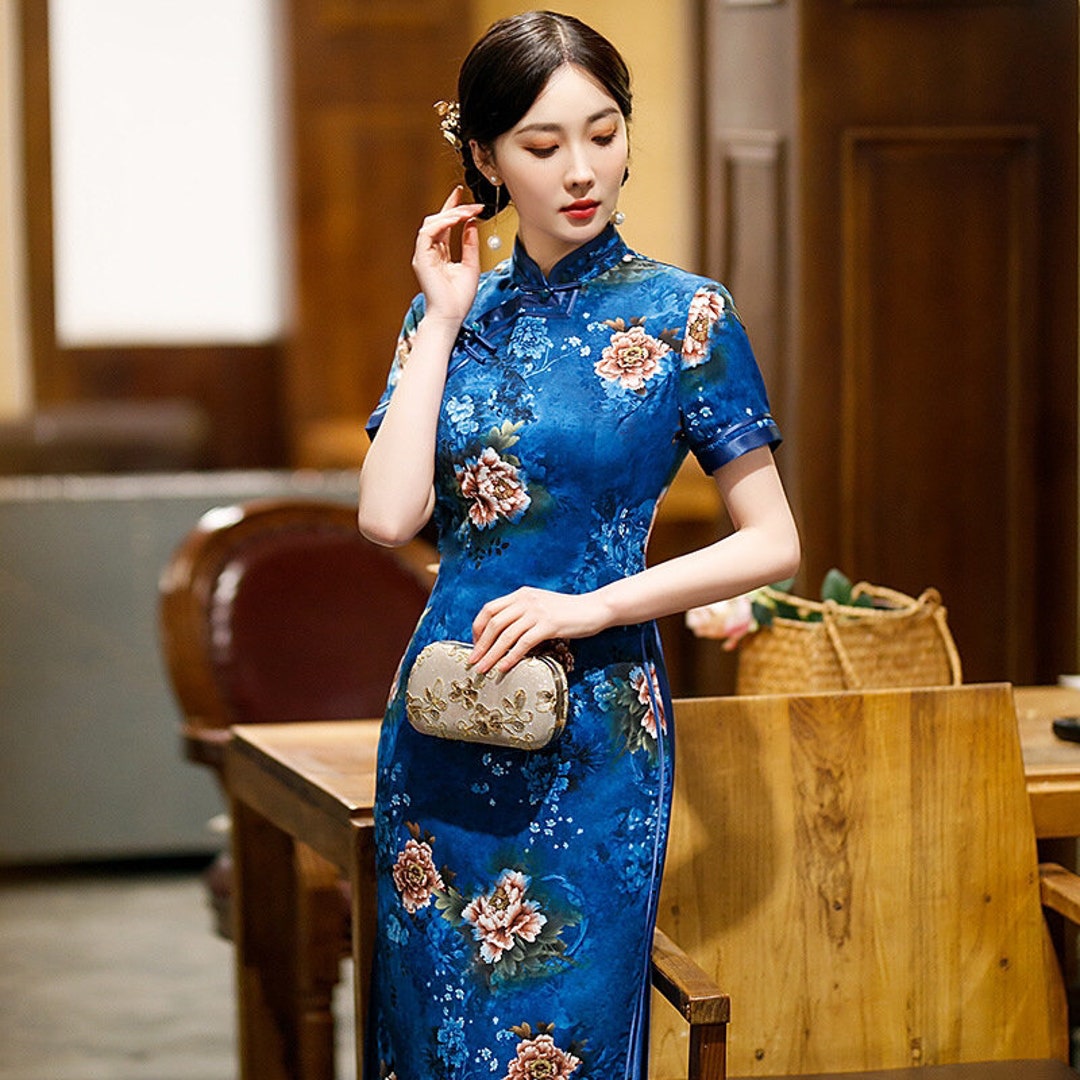 Elegant Chinese Cheongsam Dress Navy Blue Evening Dress Ball - Etsy