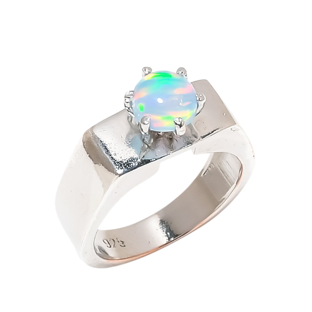 Round Blue Fire Opal Ring, Opal Ring, Solid 925 Sterling Silver Ring, Handmade Ring, Fine Ring ...