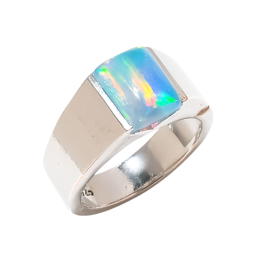 Natural Blue Fire Opal Ring, Solid 925 Sterling Silver Ring, Handmade Ring, Blue Opal Ring, Men ...