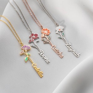 Color Filled Custom Birth Flower Name Necklace Personalized Floral ...