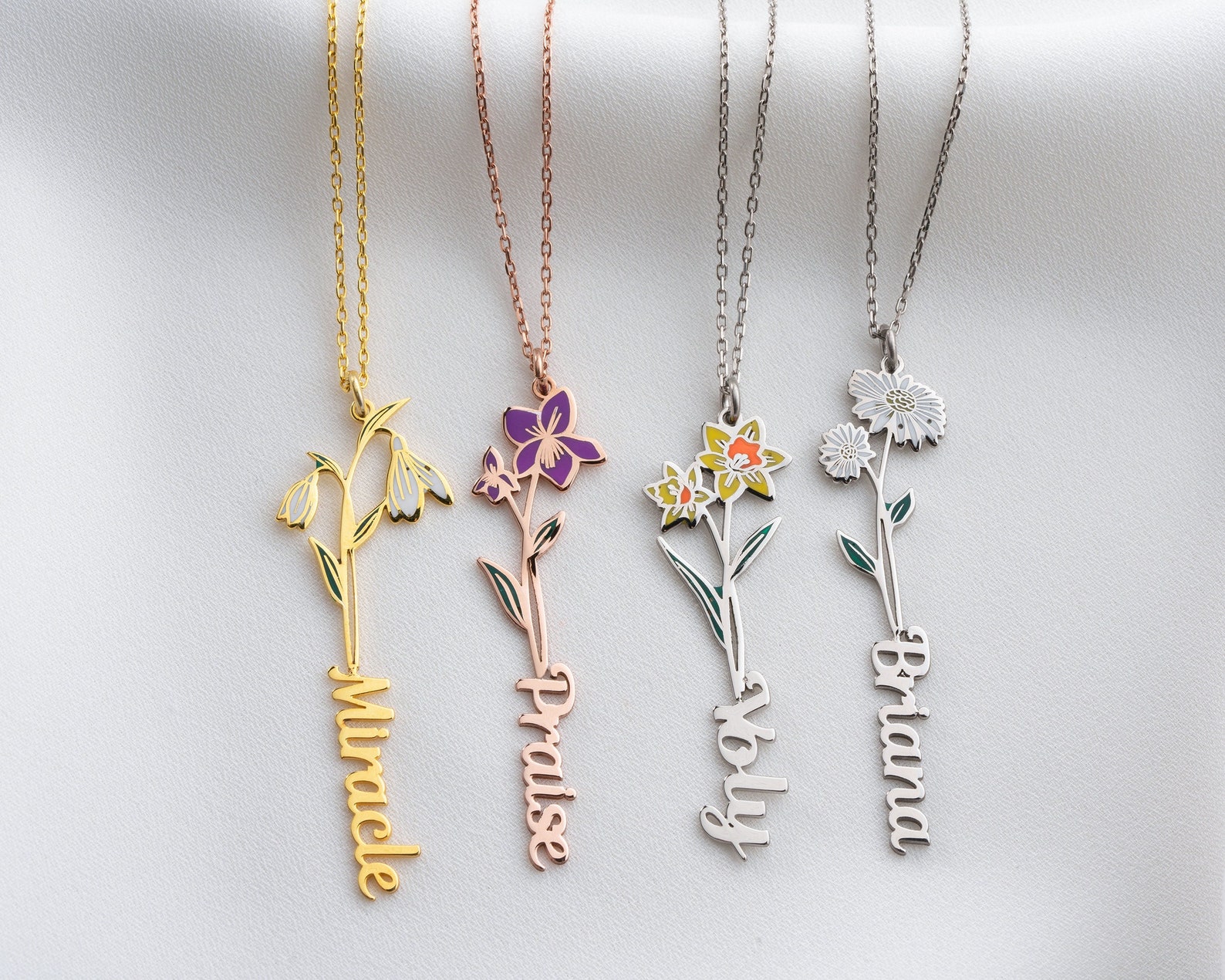 Name Necklace With Birth Flower Floral Name Necklace Custom | Etsy