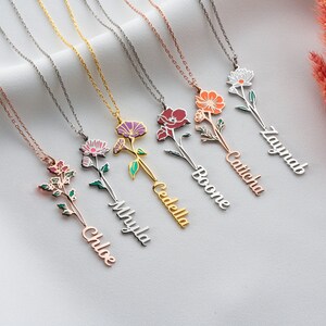 Name Necklace With Birth Flower, Floral Name Necklace, Custom Name ...