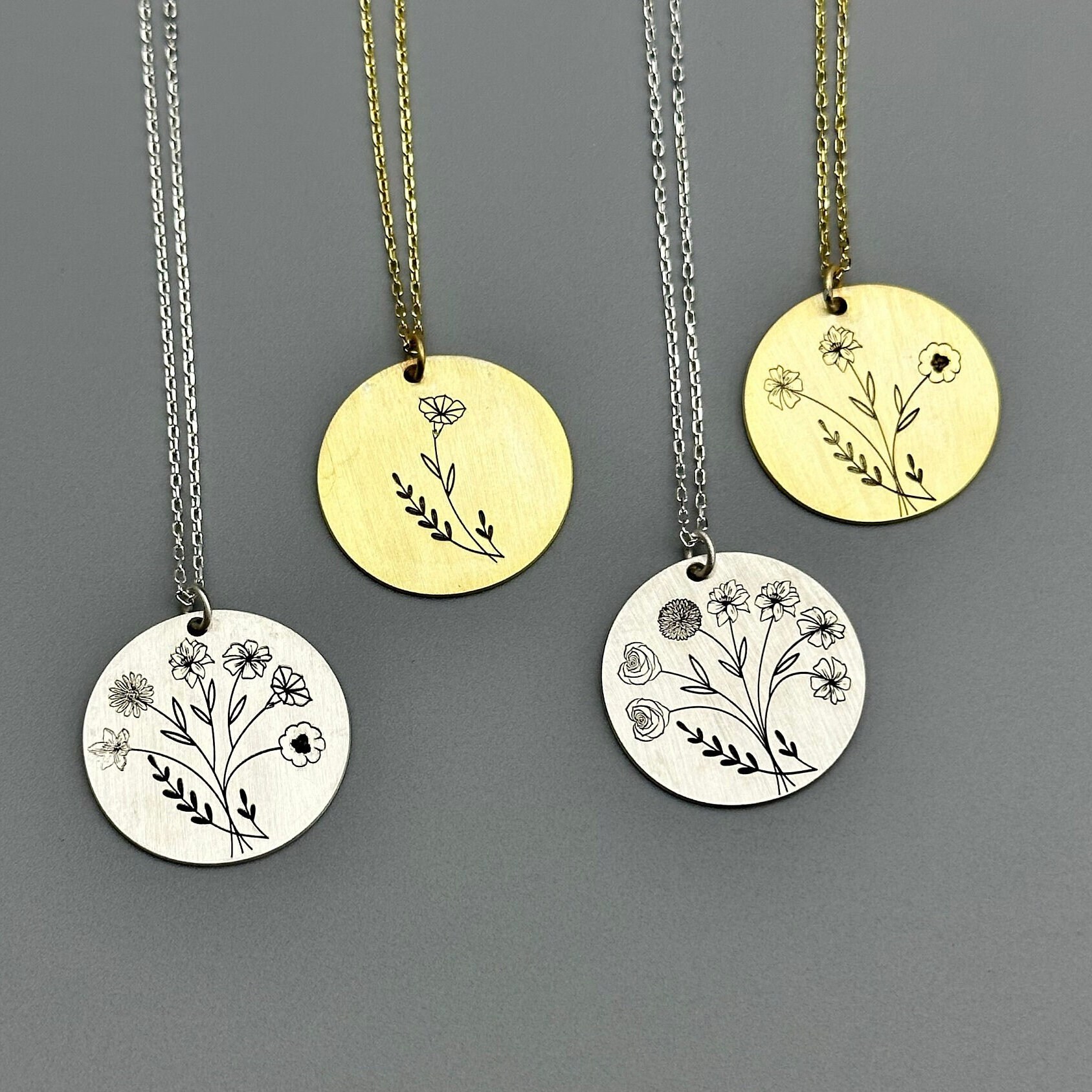 Combined Birth Flower Necklace, Multiple Flower Personalized Bouquet ...