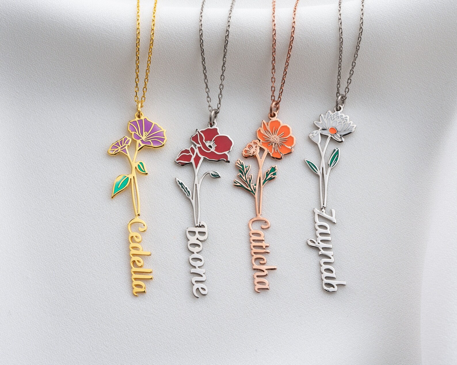 Name Necklace With Birth Flower Floral Name Necklace Custom | Etsy