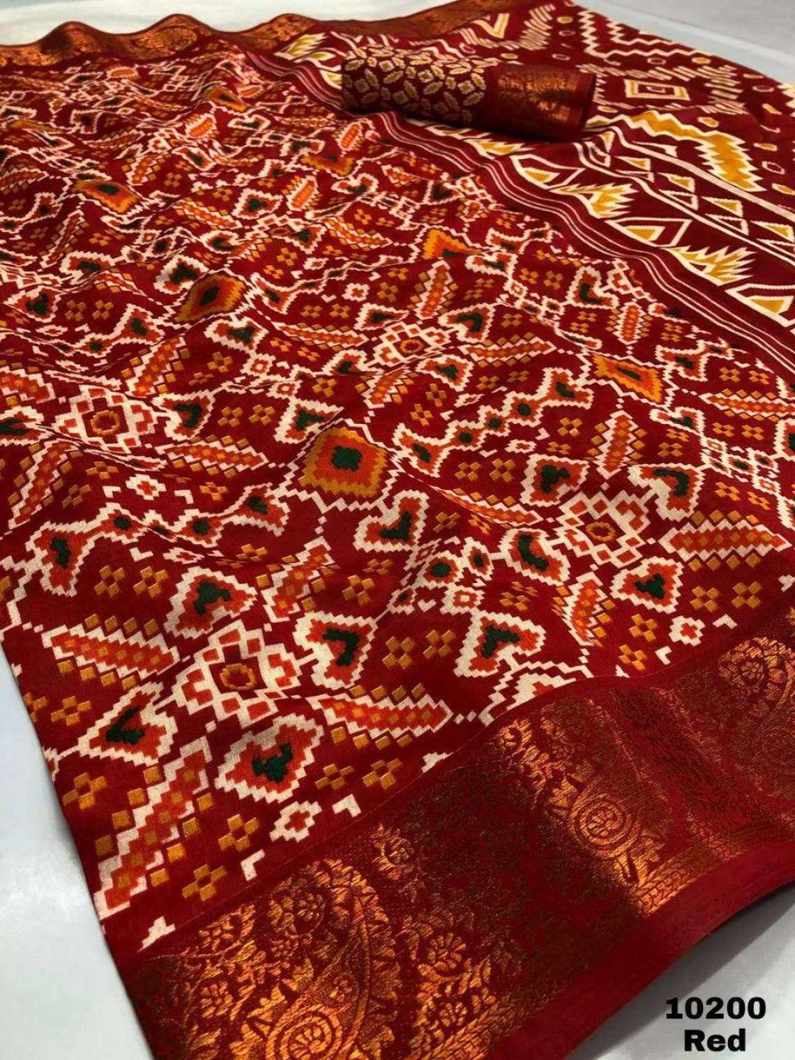 Double Ikat Patan Patola digital print linen saree with | Etsy