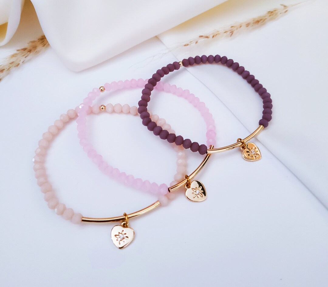 Sweet Heart Coloured Bead Bracelet, Dainty Elasticated Bracelets ...