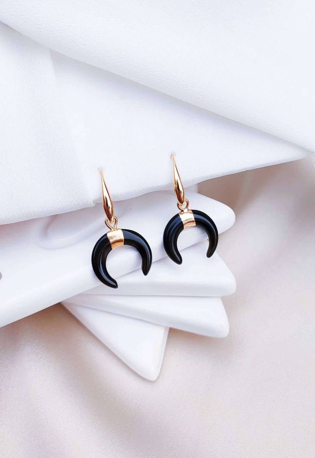 Black Natural Stone Moon Hook Gold Earrings, Drop Crescent Moon ...