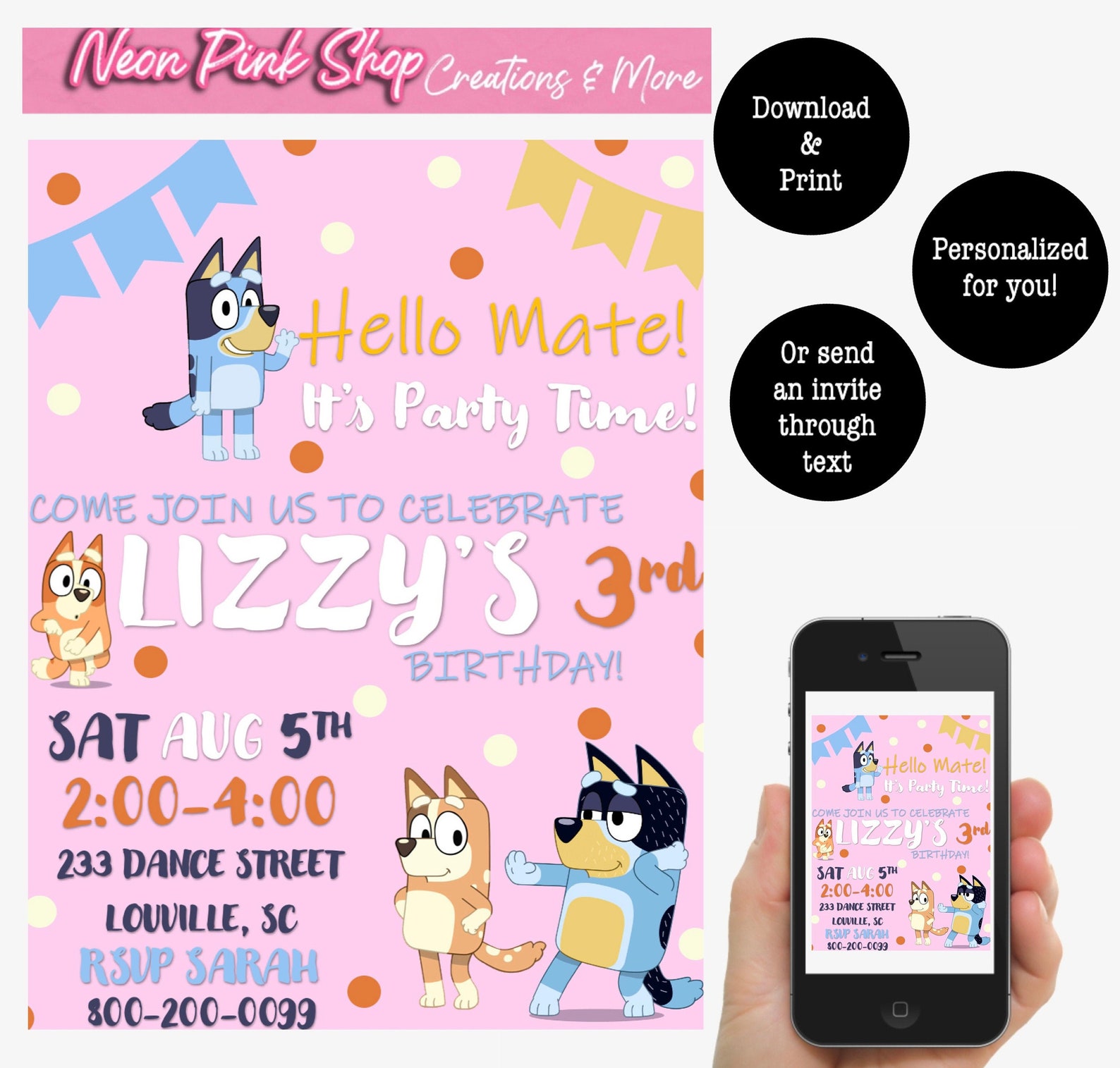 Bluey Invitation Blue Birthday Invitation Bluey Party Etsy