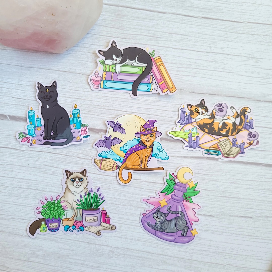 Witchy Cats Vinyl Sticker Set (glossy) - Cat Lover Gifts, Pastel Kitty ...