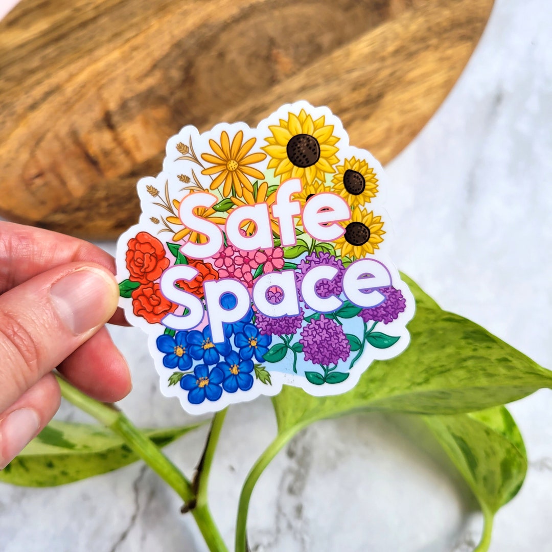 Rainbow Floral Safe Space 3"x2.8" Glossy Vinyl Sticker - Mental Health ...