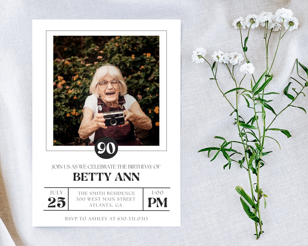 Minimalist 90th Birthday Photo Invitation | Ninetieth Birthday Man ...