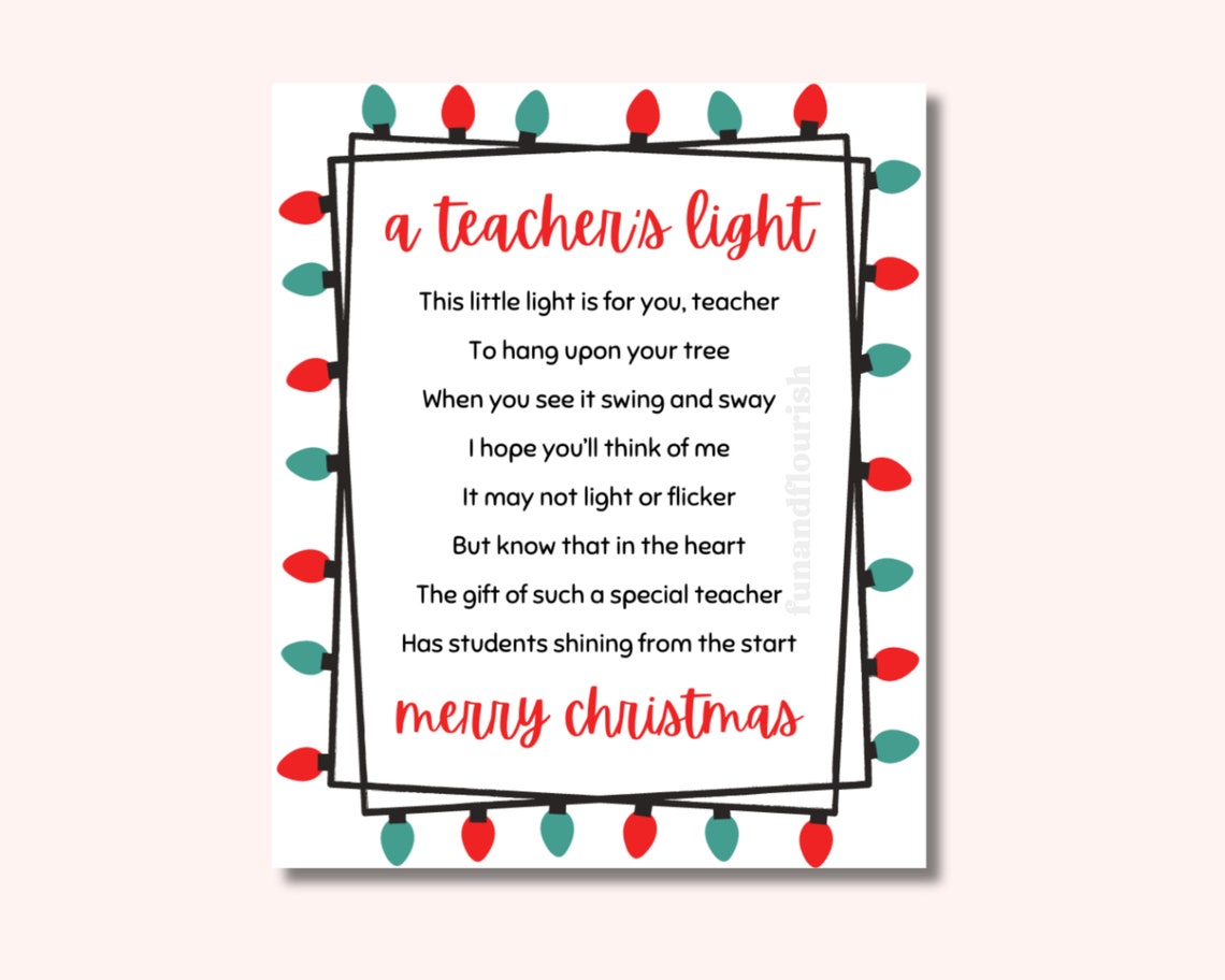 A Teacher's Light Poem Printable Card for Ornaments | Christmas Teacher ...
